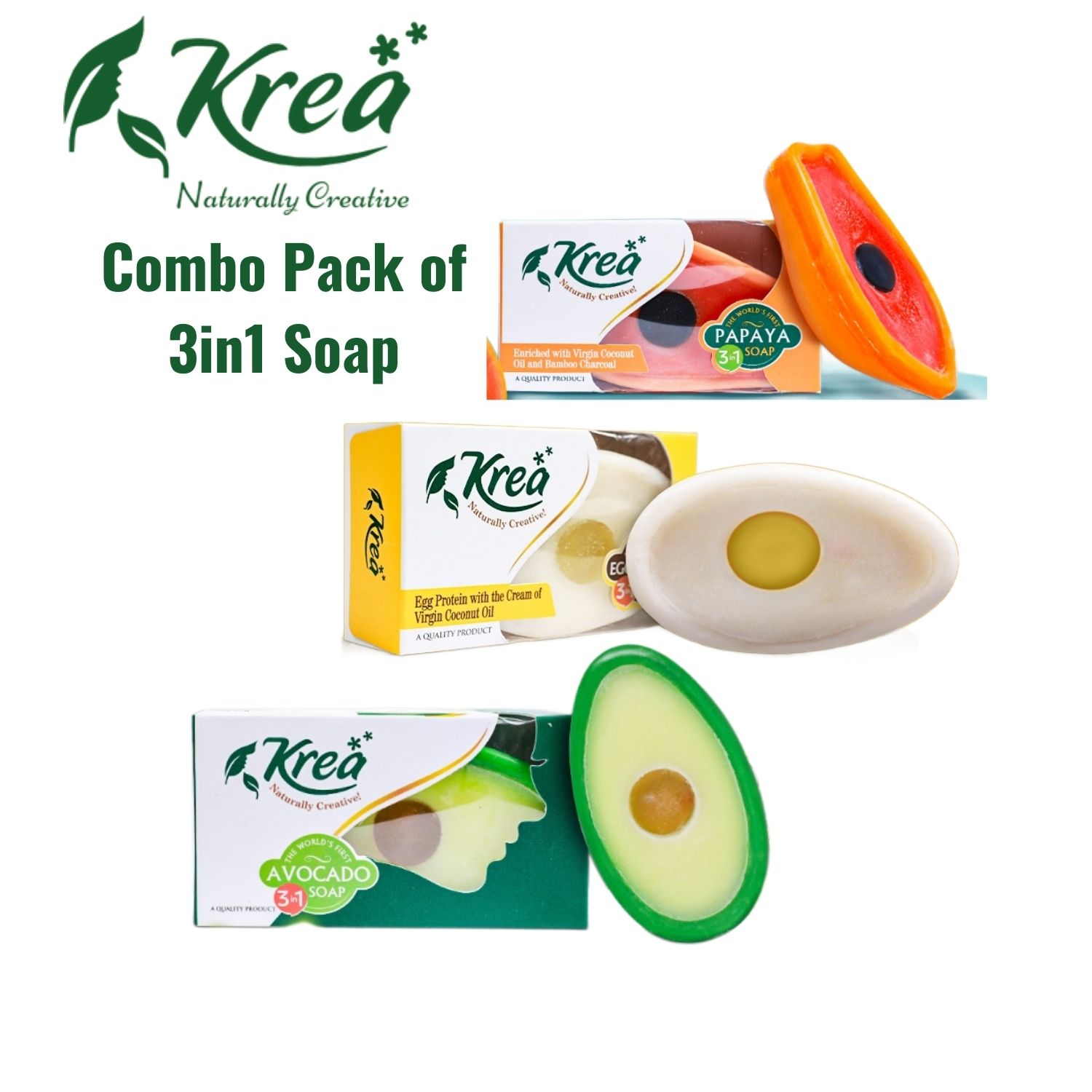 Krea Combo Pack of 3in1 Soaps- Avocado 3in1,Egg Protein 3in1 And Papaya ...
